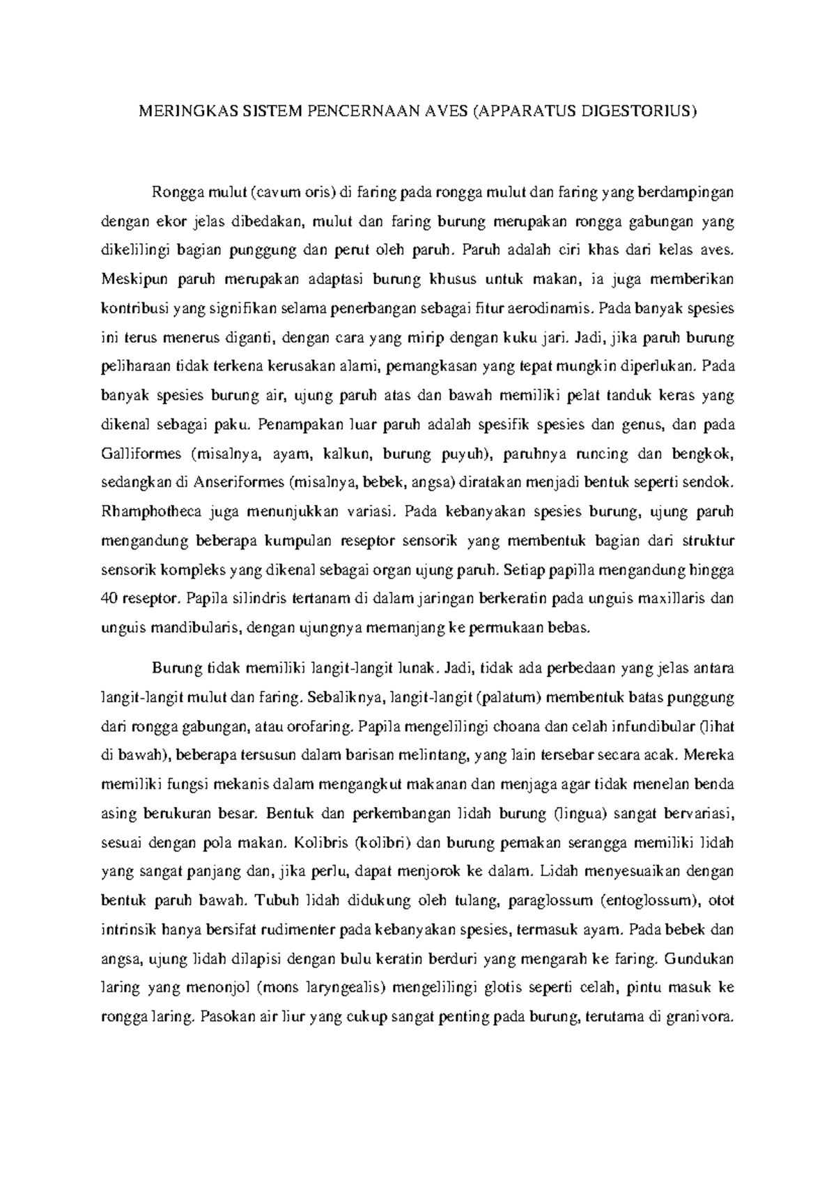 Meringkas Sistem Pencernaan Unggas (Aves) dan Fungsinya - Studocu