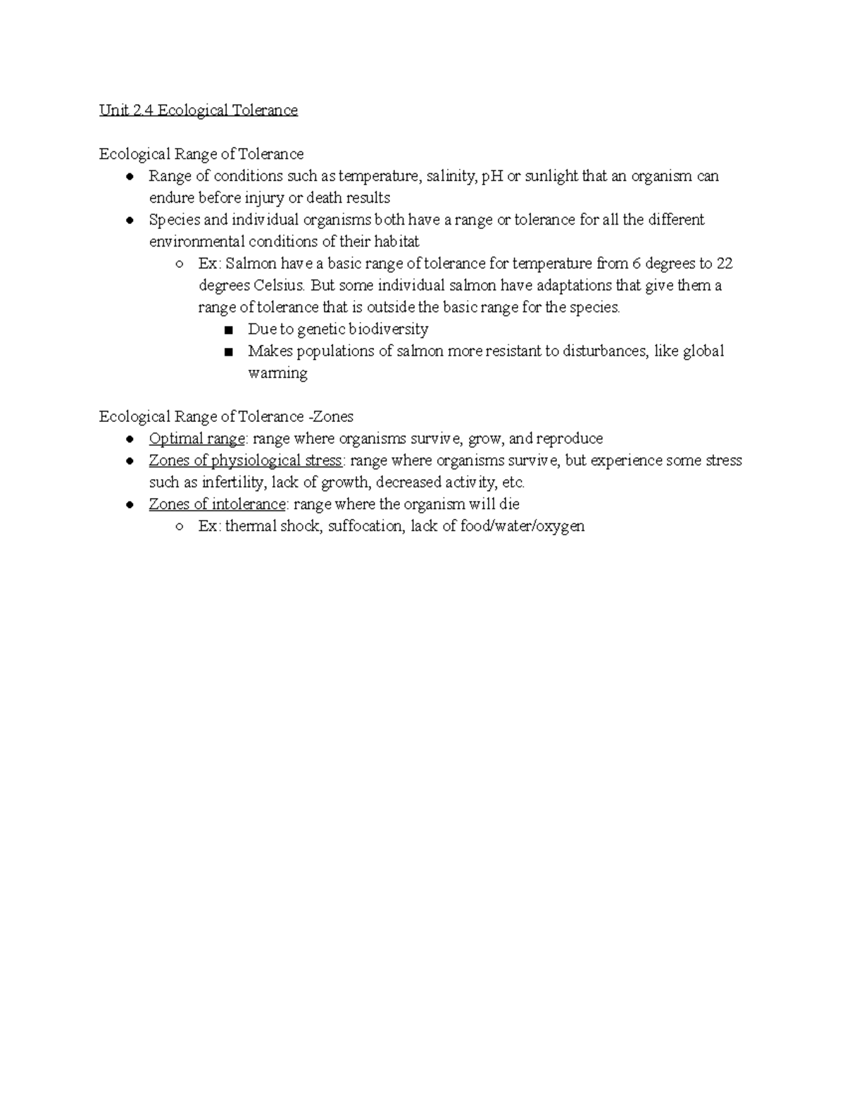 Unit 2.4: Understanding Ecological Tolerance and Ranges - Studocu
