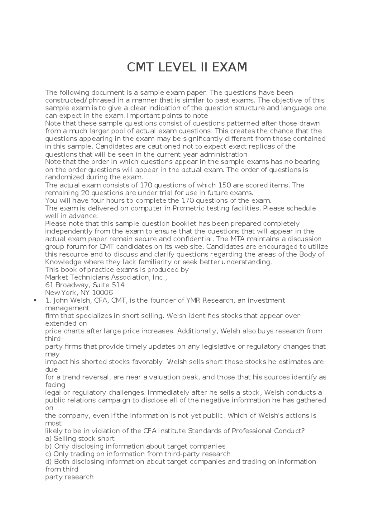 CMT Level II Exam Sample Questions and Practice Guide - Studocu