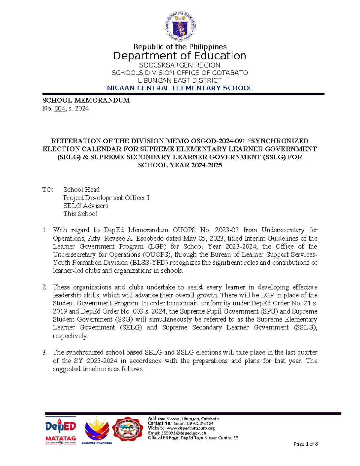 School Memo No. 004, s. 2024: SELG & SSLG Election Calendar - Studocu