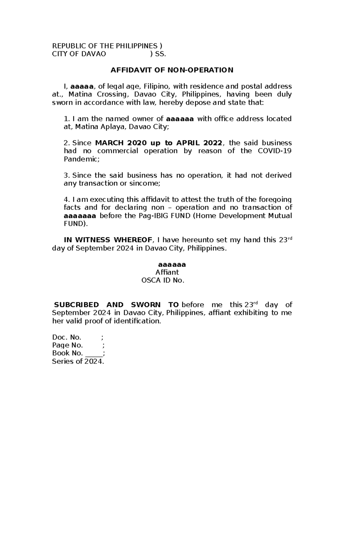 Affidavit of Non-Operation for Business & No Transactions in Davao ...