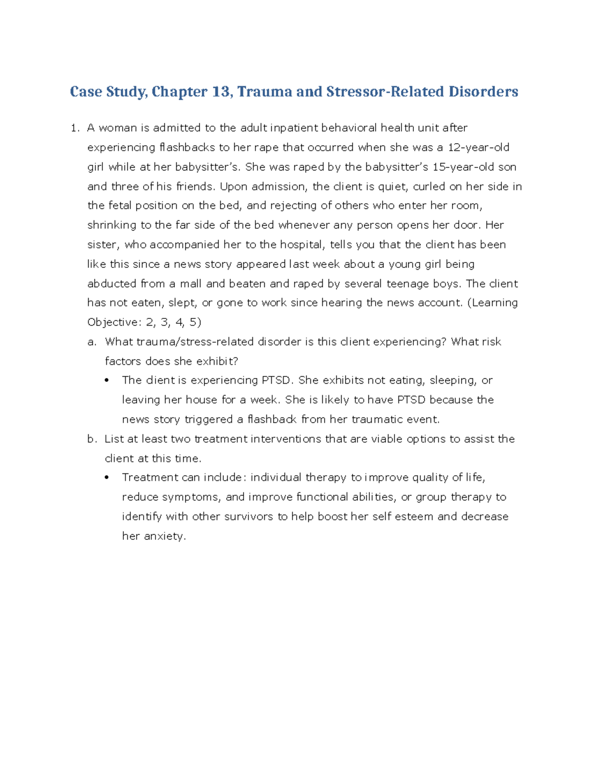 CS Case Study: Trauma and Stressor-Related Disorders - Ch. 13 - Studocu