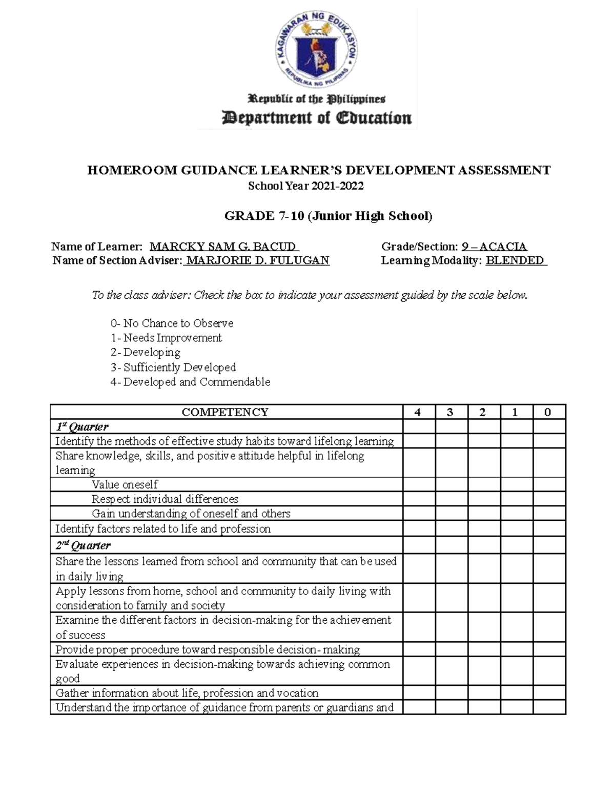 Homeroom Guidance Assessment for Junior High (Grade 7-10) - Studocu