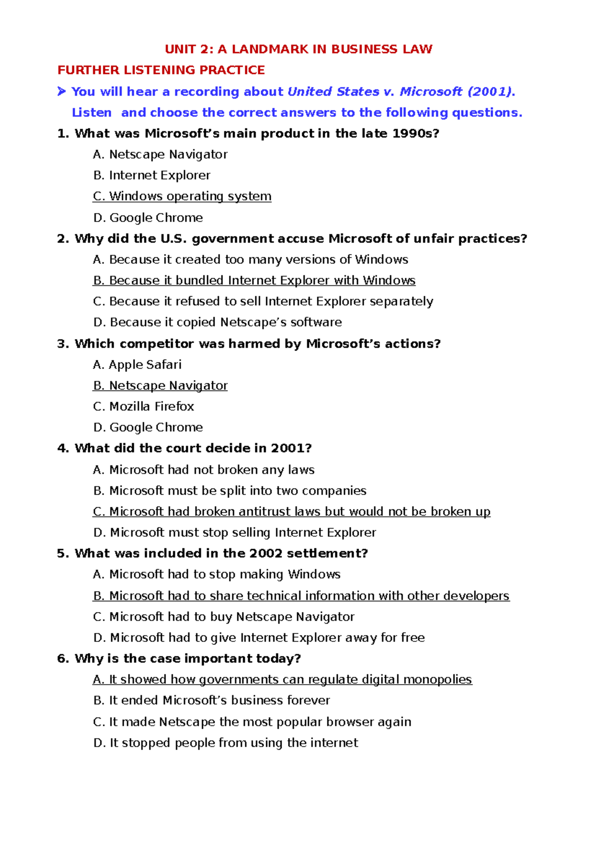 UNIT 2: Further Listening Practice on U.S. v. Microsoft (2001) - Studocu