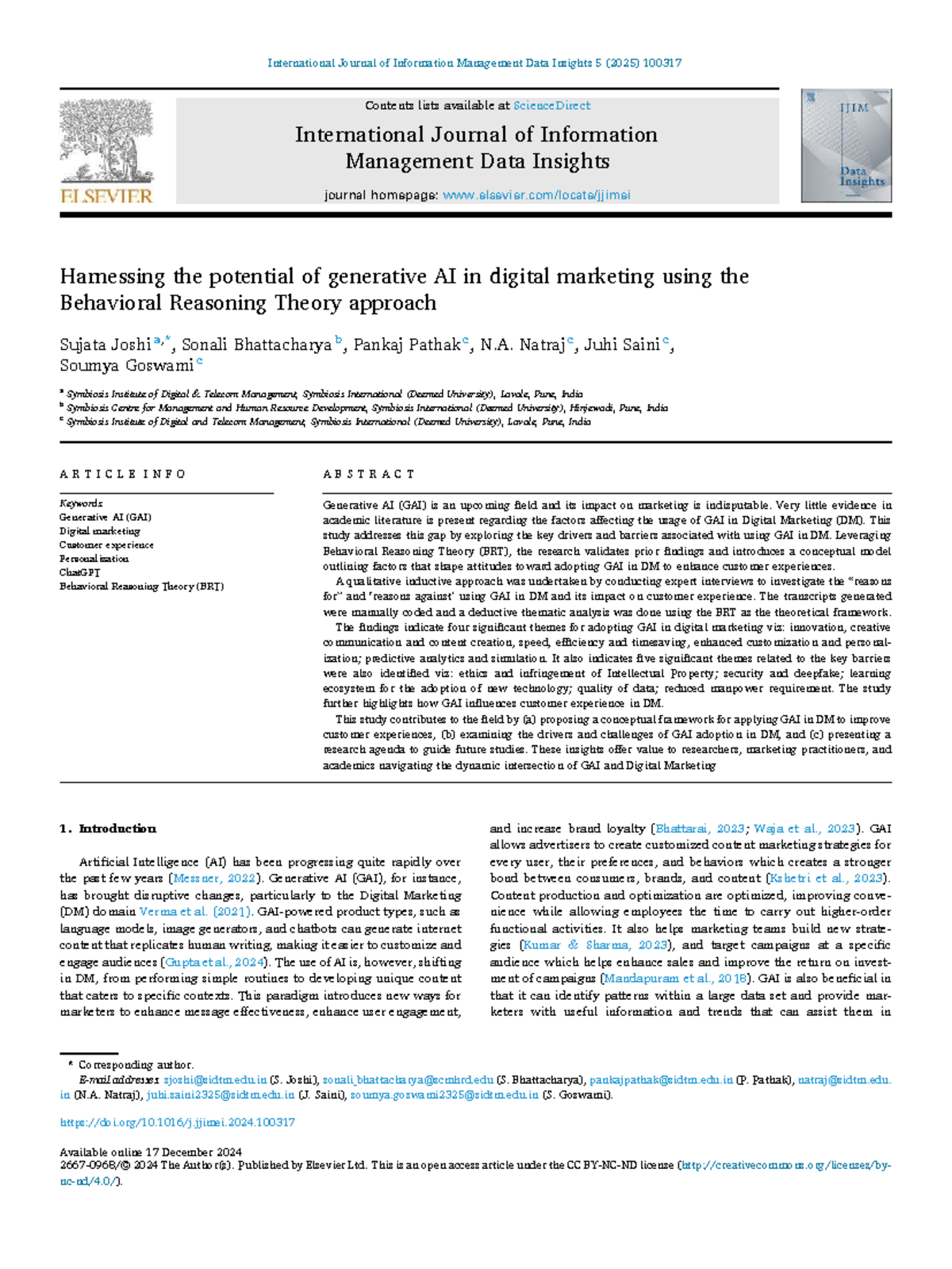 Harnessing GAI in Digital Marketing: Behavioral Reasoning Theory ...