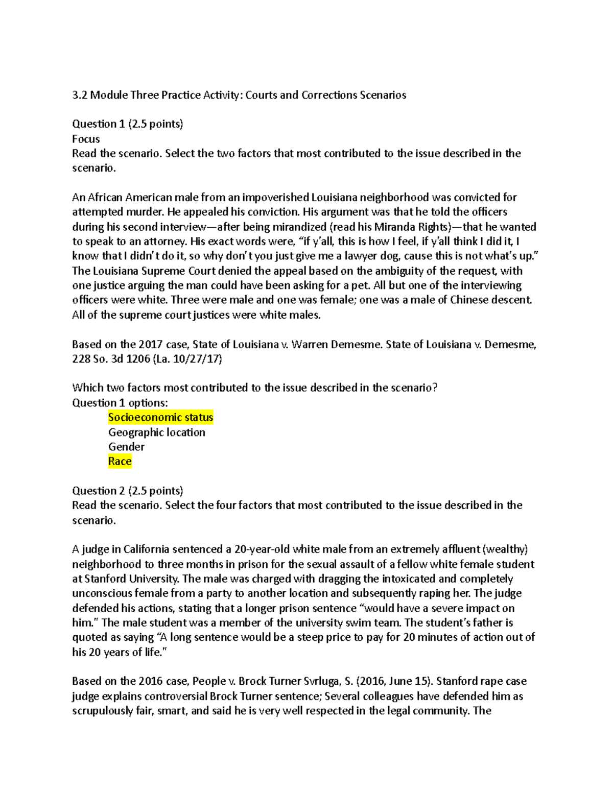 3.2 module three practice Activity Courts and Corrections Scenarios - 3 ...