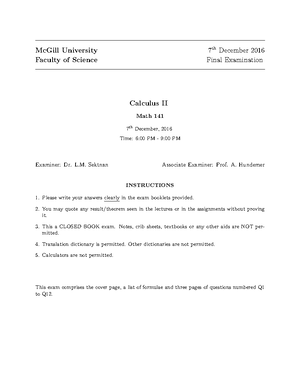 Math 141 - McGill - Calculus 2 - Studocu