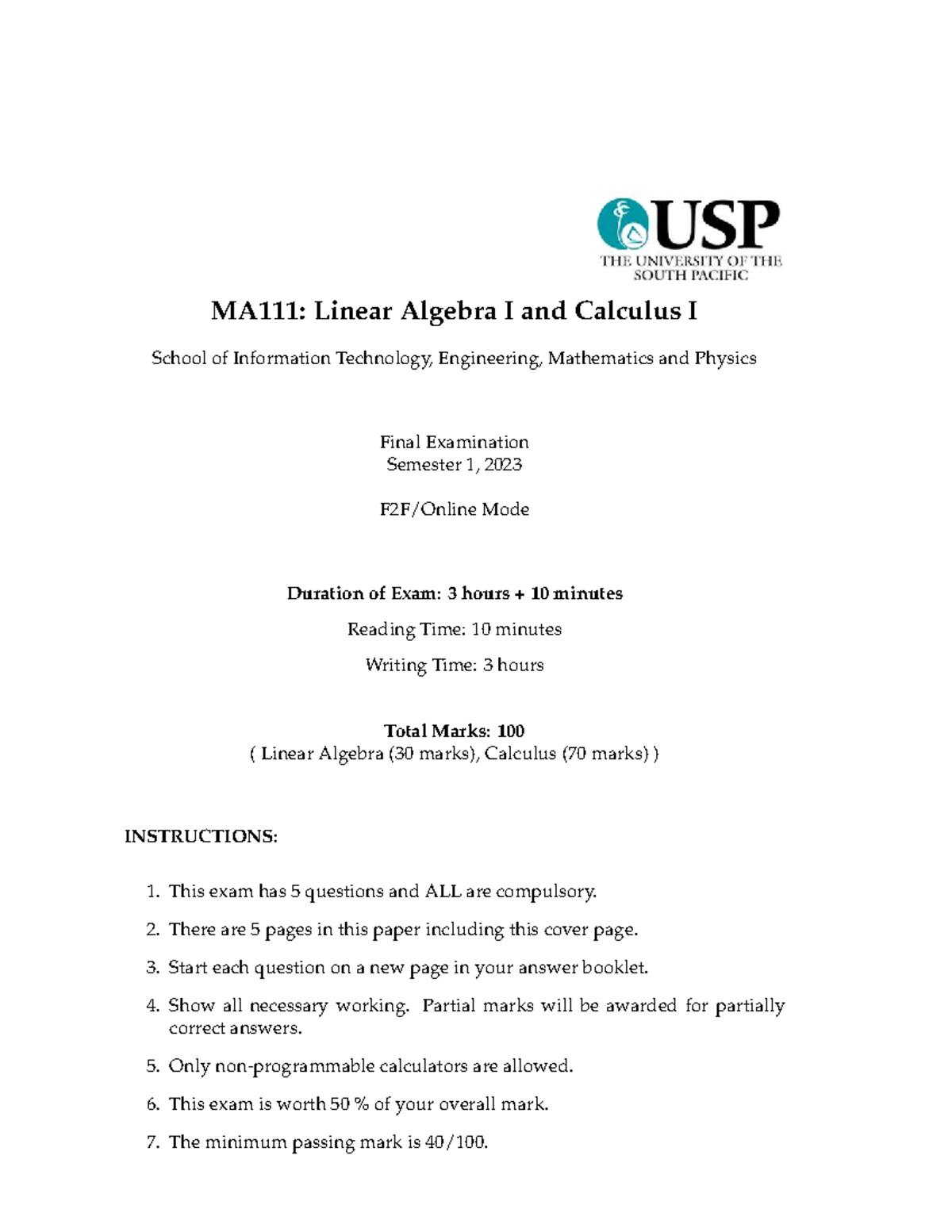 MA111 Final Exam: Linear Algebra I & Calculus I - Semester 1, 2023 ...