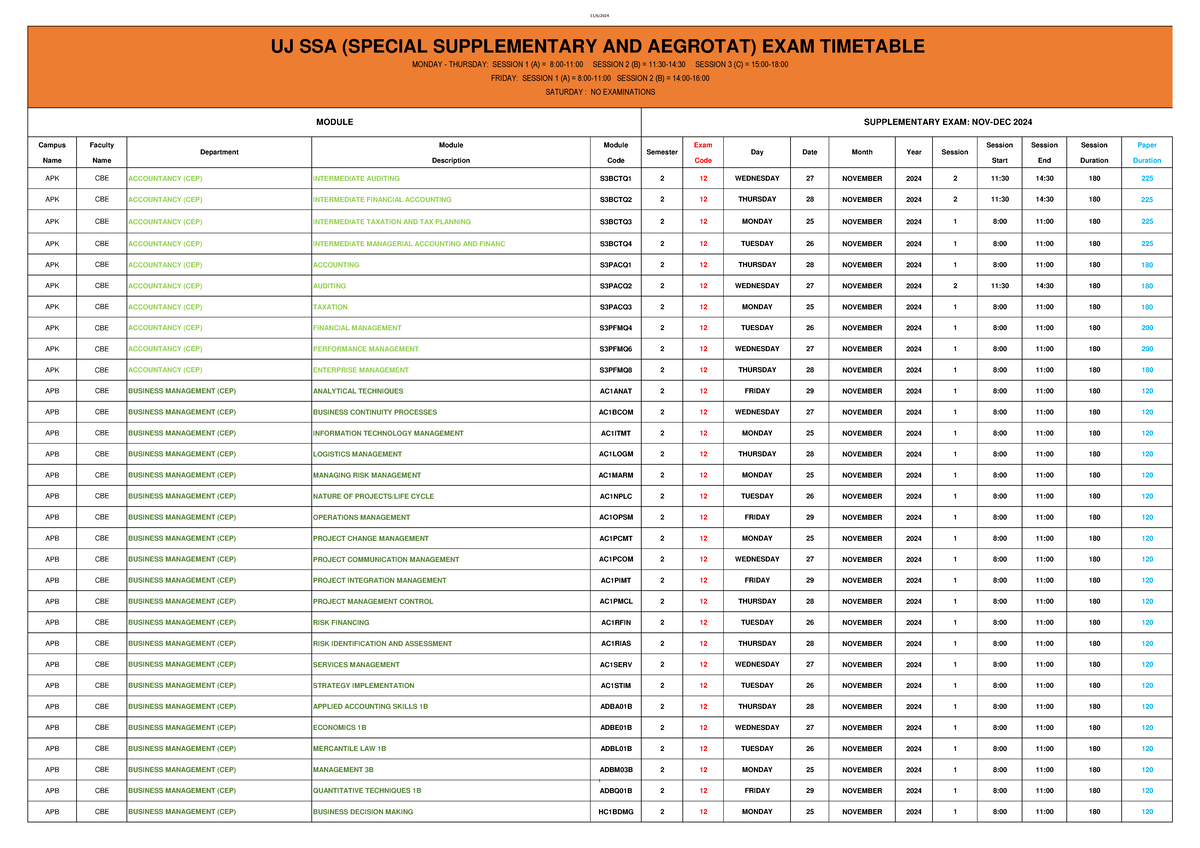 UJ 2024 Nov-Dec SSA Exam Timetable for Various Modules - Studocu