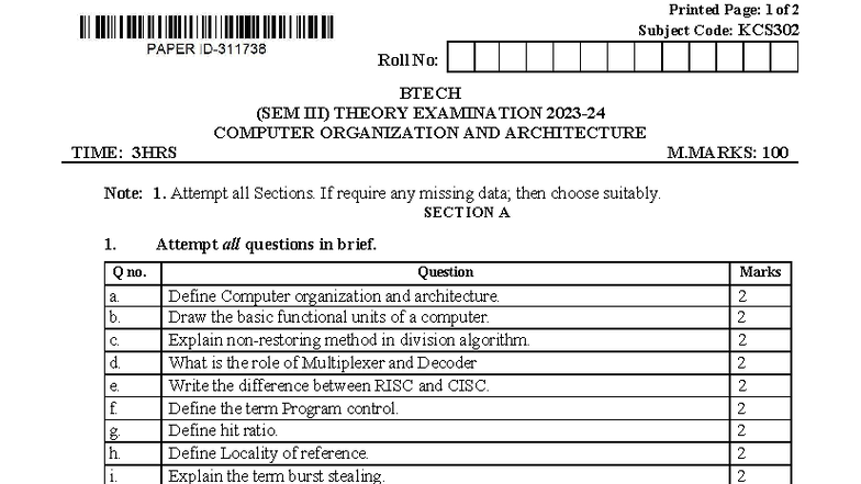 Computer Organization and Architecture Exam Notes KCS302 - Studocu