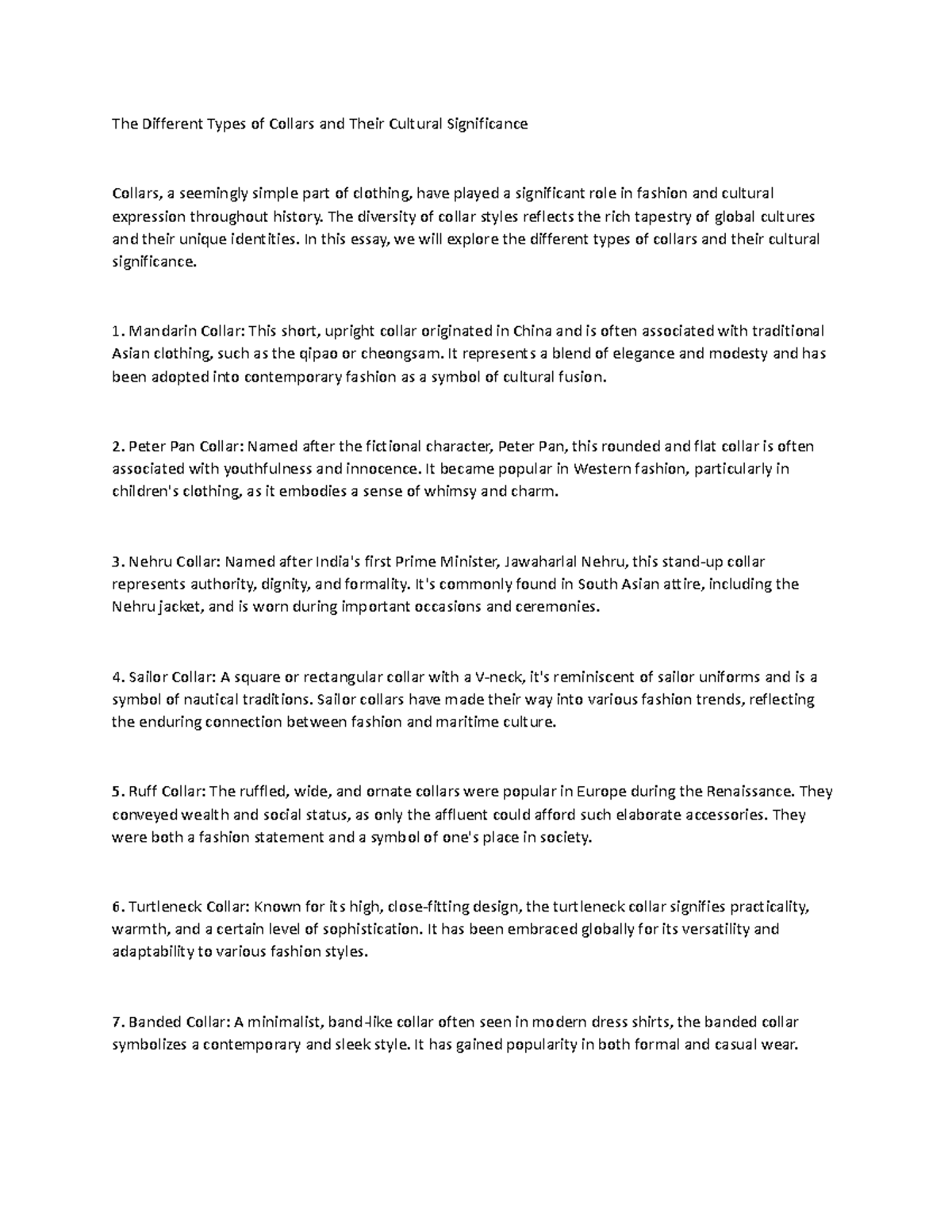 Exploring Collar Styles and Their Cultural Significance Essay Notes ...