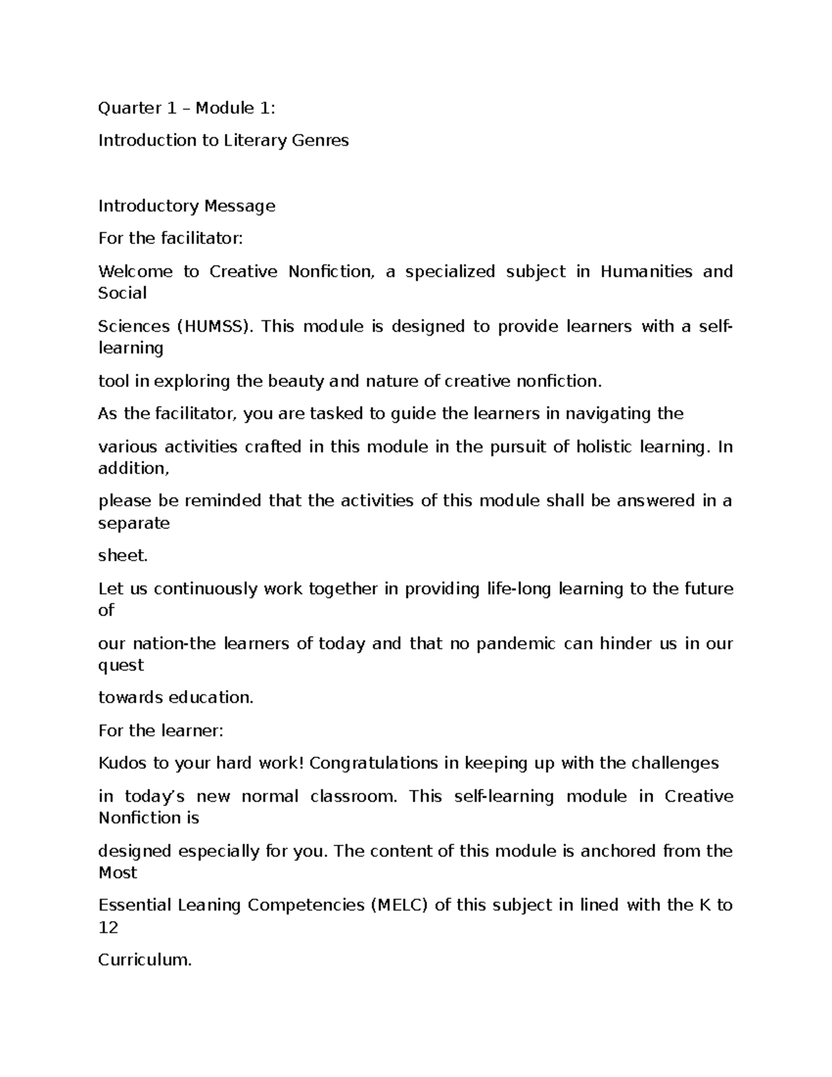 Creative Nonfiction (HUMSS) Lesson 1: Exploring Literary Genres - Studocu