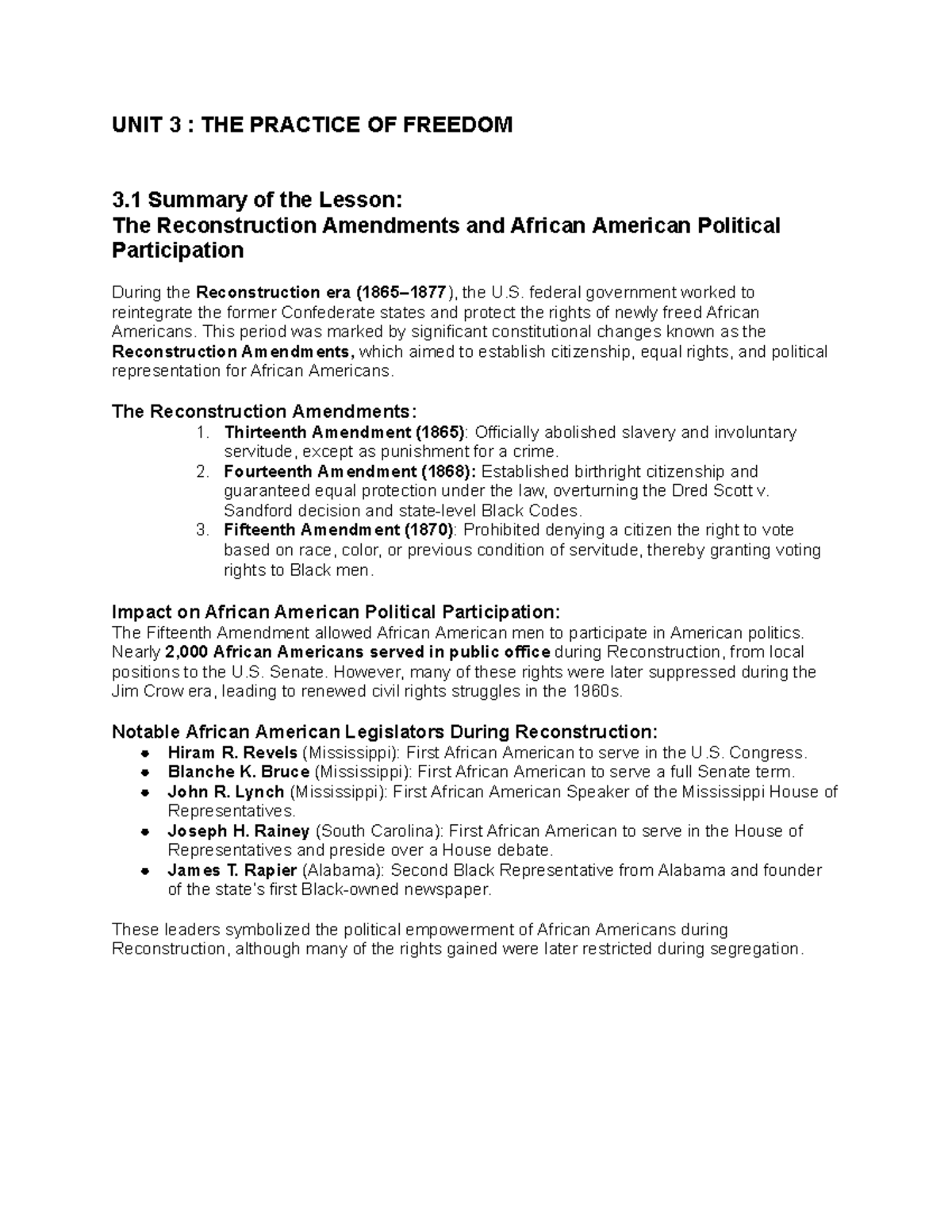 Chapitre 3 - Lesson overviews - UNIT 3 : THE PRACTICE OF FREEDOM 3 ...