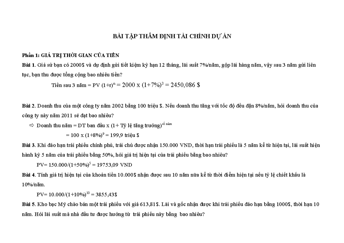 BÀI TẬP THẨM ĐỊNH TÀI CHÍNH DỰ ÁN - Phần 1: Giá Trị Thời Gian Của Tiền ...