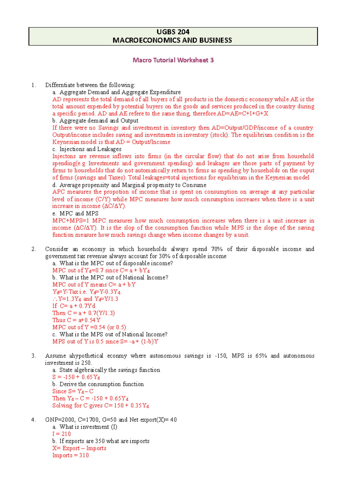 Tutorials on Macroeconomics - UGBS 204 MACROECONOMICS AND BUSINESS ...