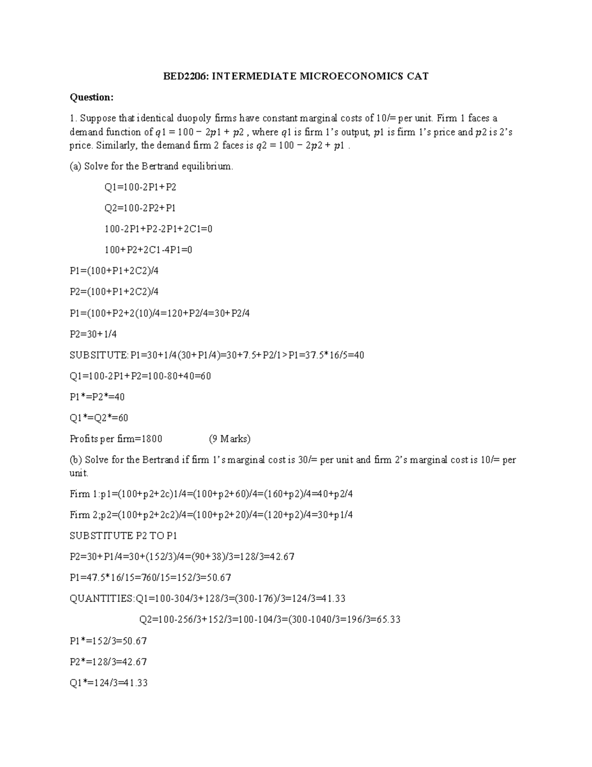 BED2206: Intermediate Microeconomics CAT Questions and Solutions - Studocu