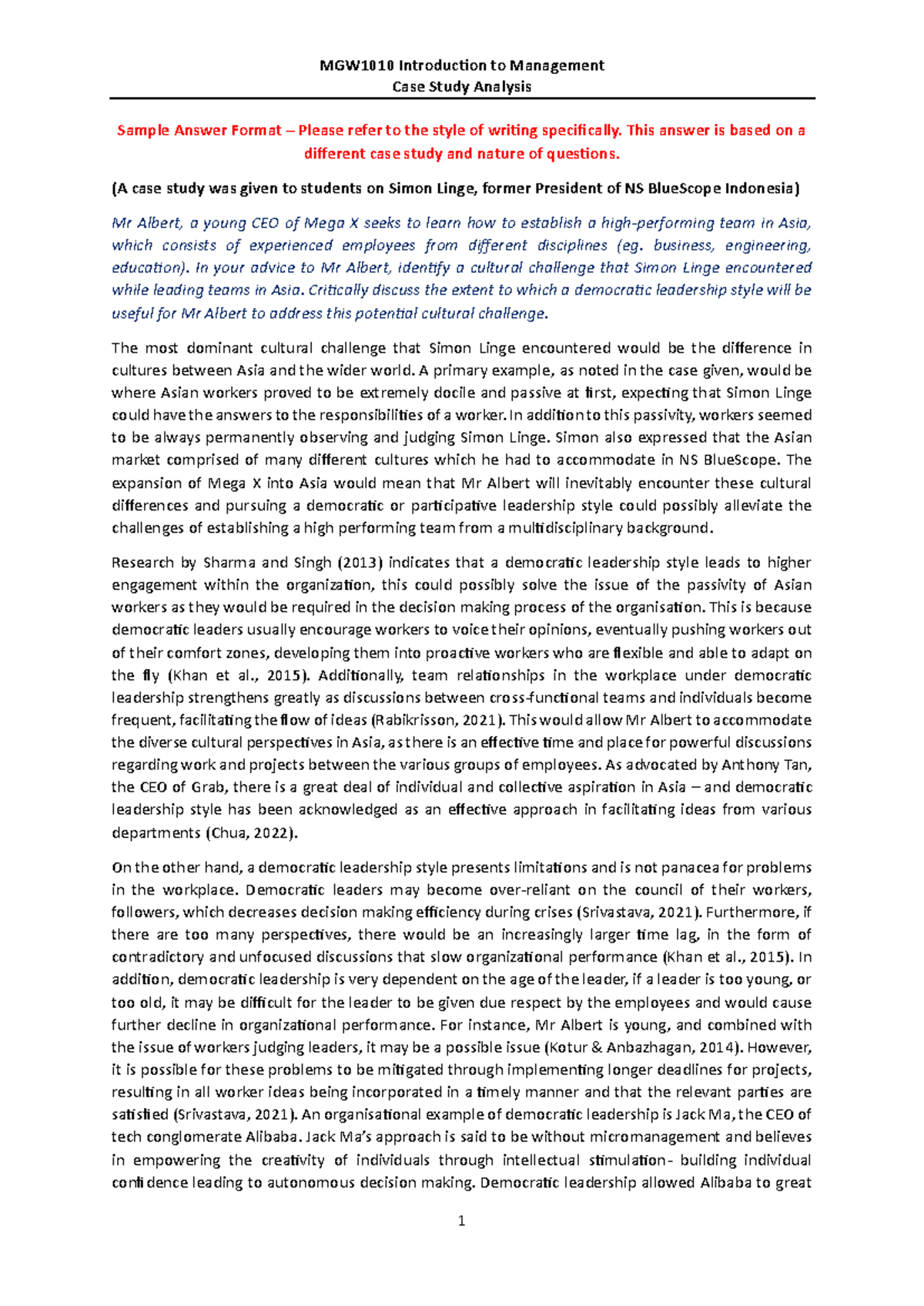 MGW1010 Part B Case Study Analysis Sample Answer Format - MGW1010 ...