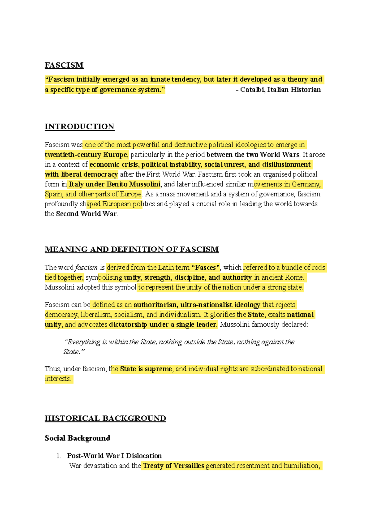 FASCISM: Origins, Rise, and Impact in Italy (HIST 101) - Studocu