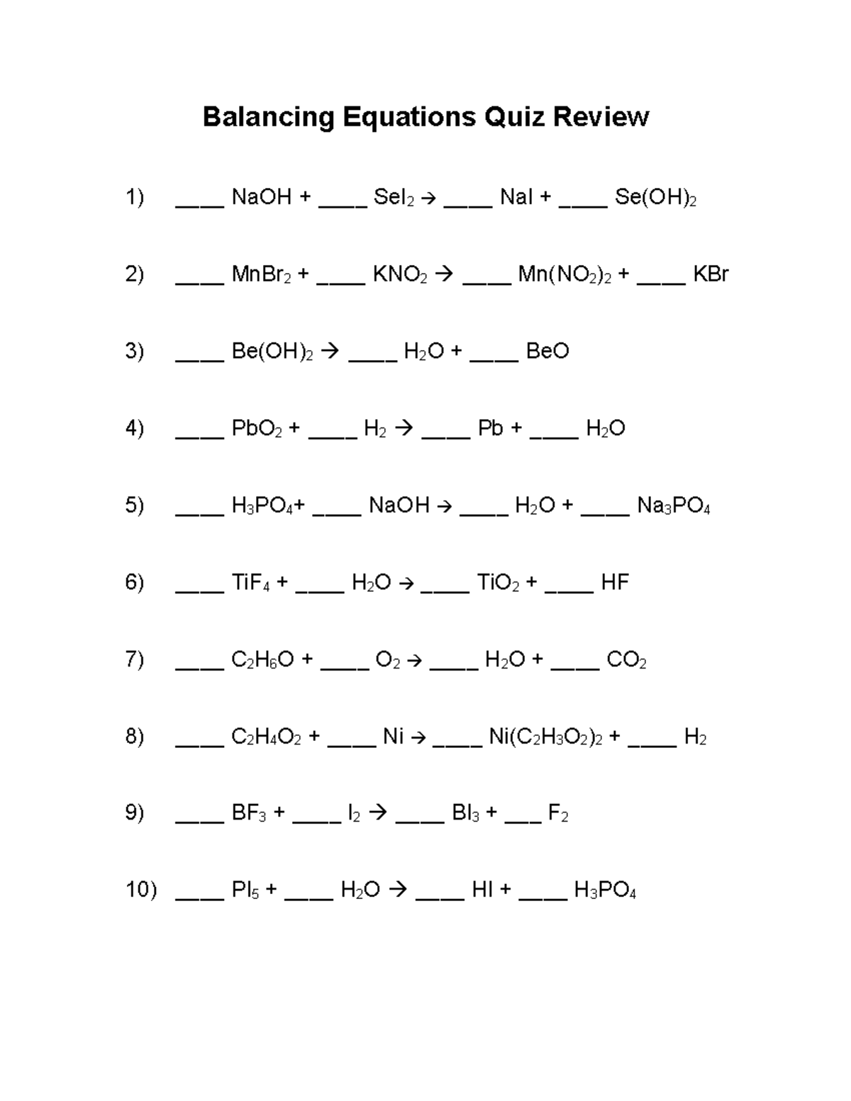 (ALL) Balancing Eqns review no-key - Balancing Equations Quiz Review ...