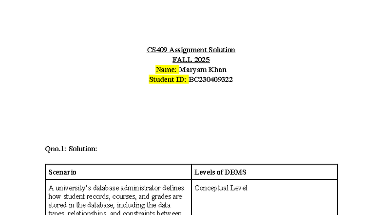 CS409 Assignment Solutions: DBMS Architecture Levels Analysis - Studocu