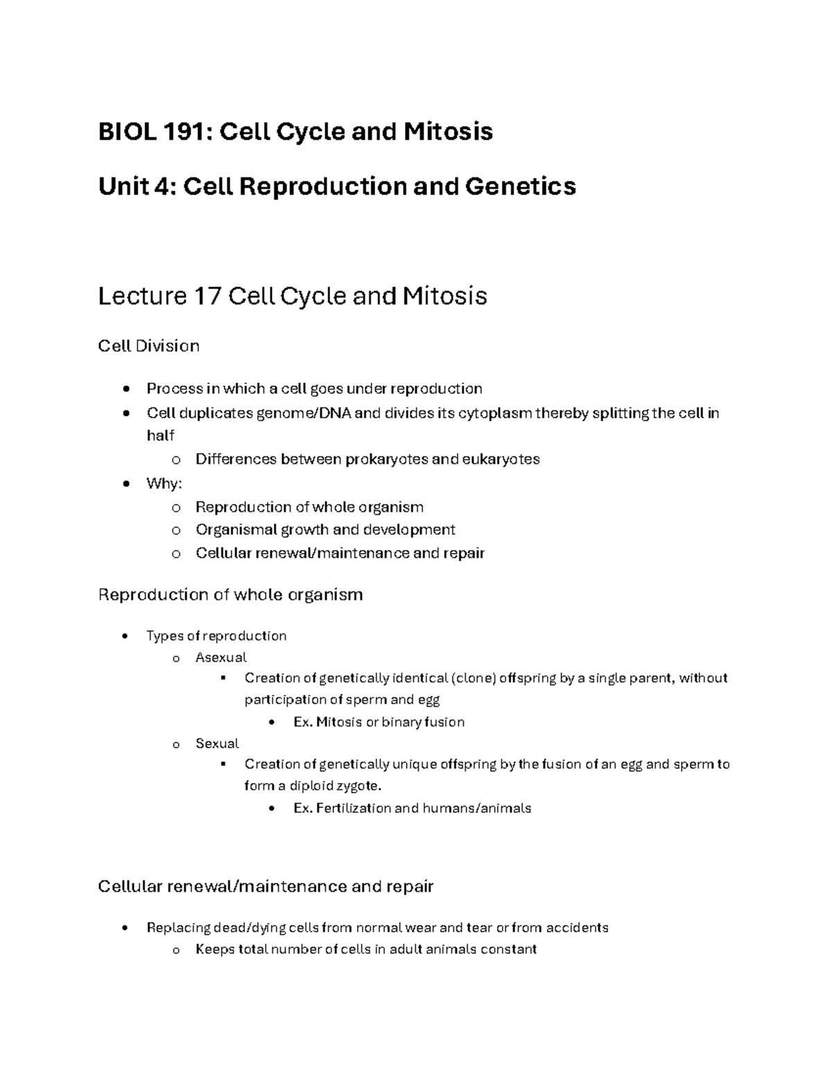 Unit 4 Bio - Complete notes for Unit 4 - BIOL 191: Cell Cycle and ...