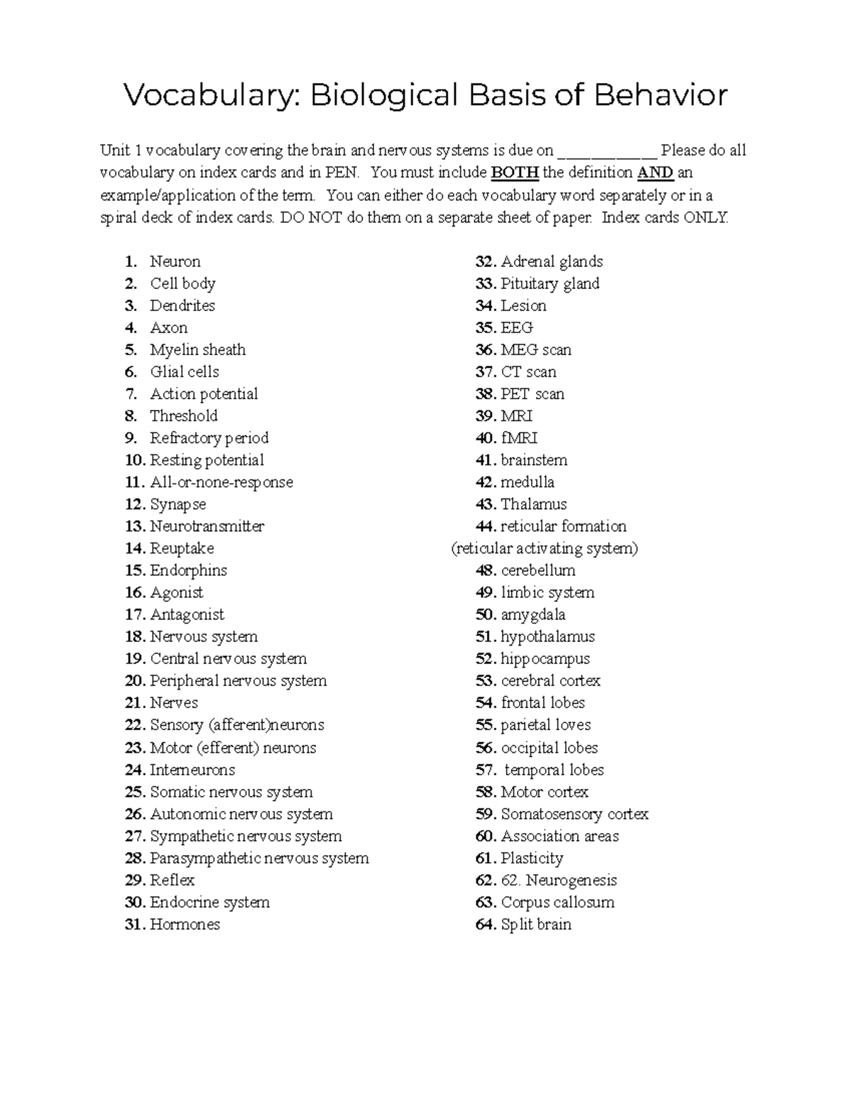 Biological Basis of Behavior Vocabulary (Unit 1) - Index Cards - Studocu