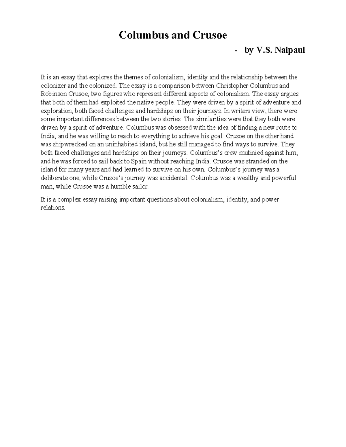 Colonialism Explored: Columbus & Crusoe vs. Naipaul Essay - Studocu