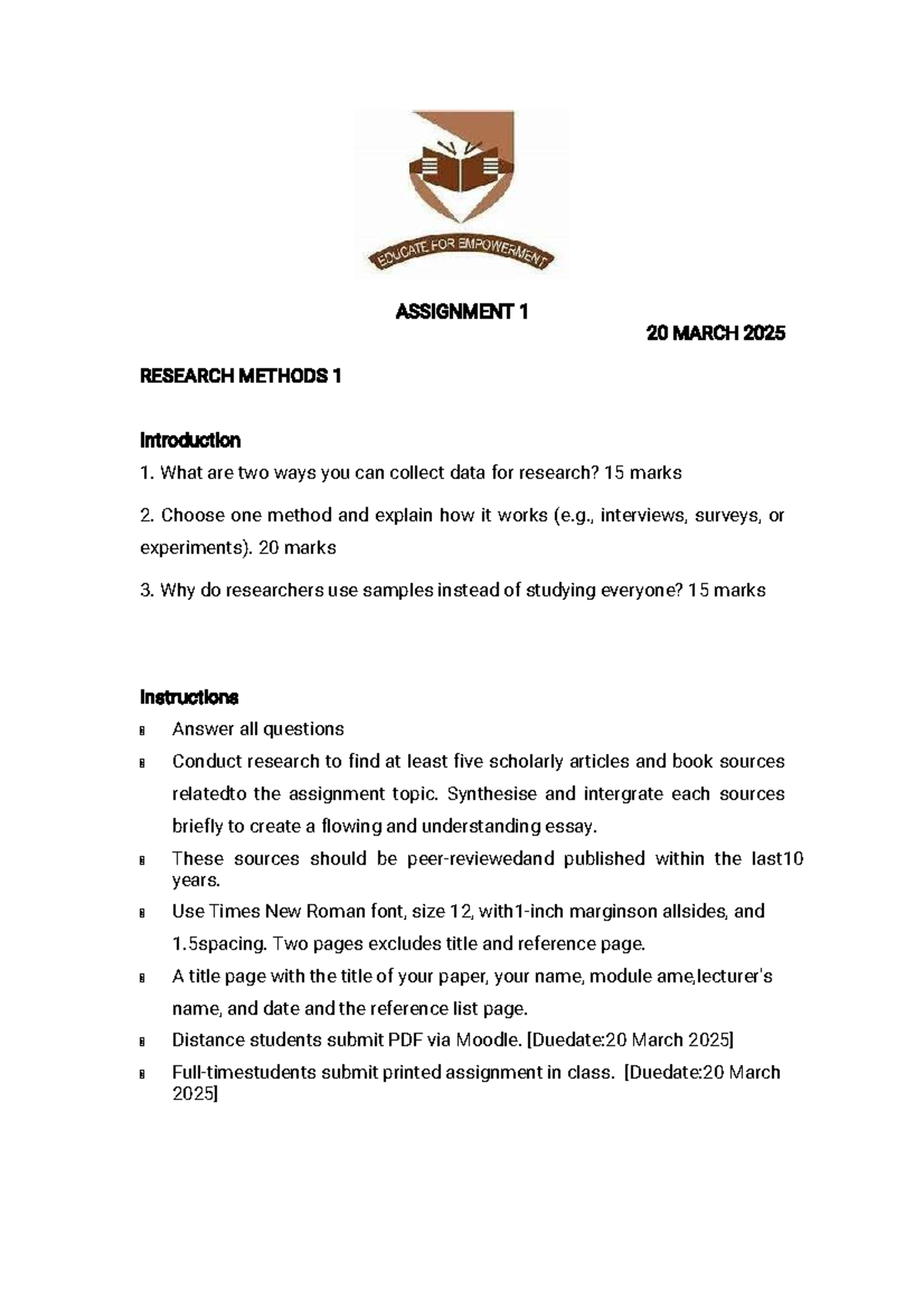 Research Methods 1: Assignment 1 - Data Collection Techniques and Analysis - Studocu