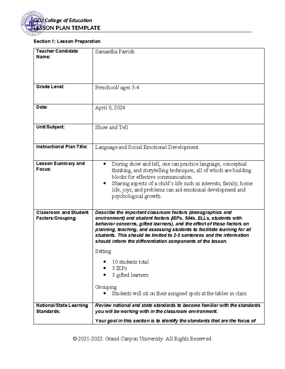 ECS-210-O500 Lesson Plan: Show and Tell for Preschool Development - Studocu