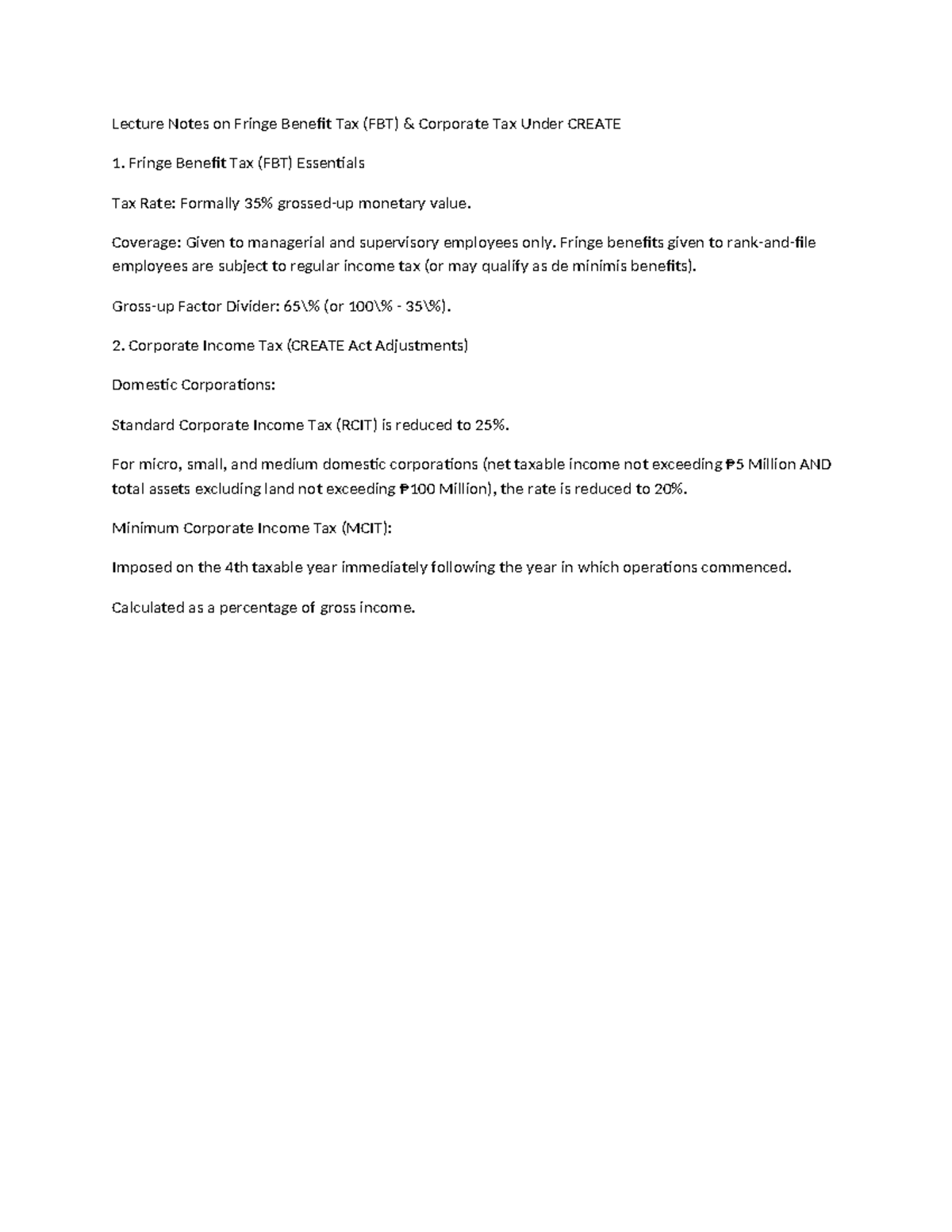 Lecture Notes on FBT and Corporate Tax Under CREATE - Studocu