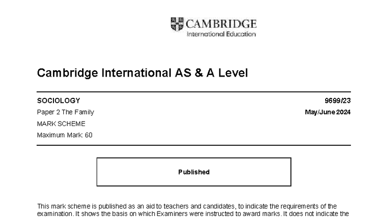 Cambridge International AS A Level SOCIOLOGY 9699 Paper 2 The Family ...