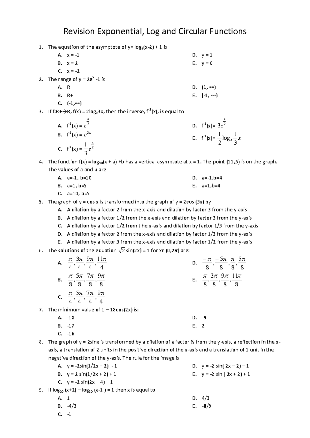 Revision Notes on Logarithmic, Exponential & Circular Functions ...