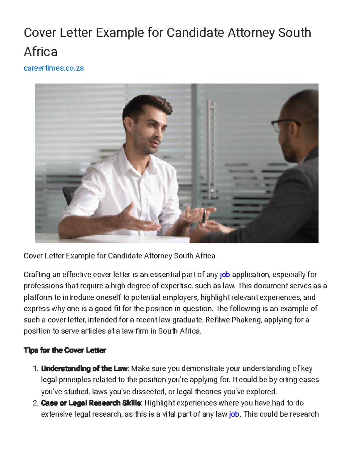 Cover Letter Example for Candidate Attorney in SA - Career Times - Studocu