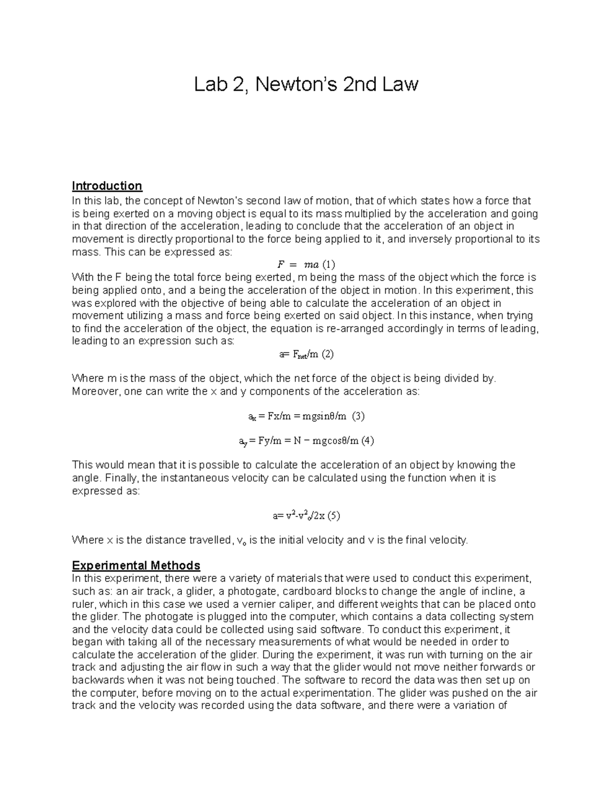 Lab Report 3 - Lab 2 where Newton's second law is explored - Lab 2 ...