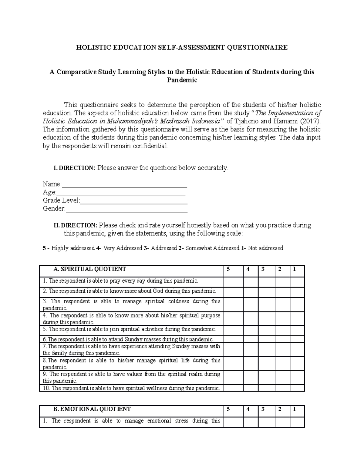 Holistic Education Self-Assessment Questionnaire for Research (HEQ-102 ...