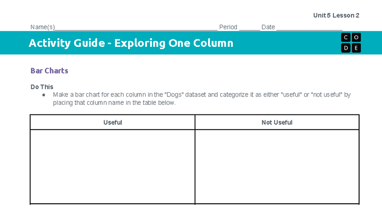 Activity Guide - Exploring One Column Bar Charts - CS 1 Unit 5 L2 - Studocu