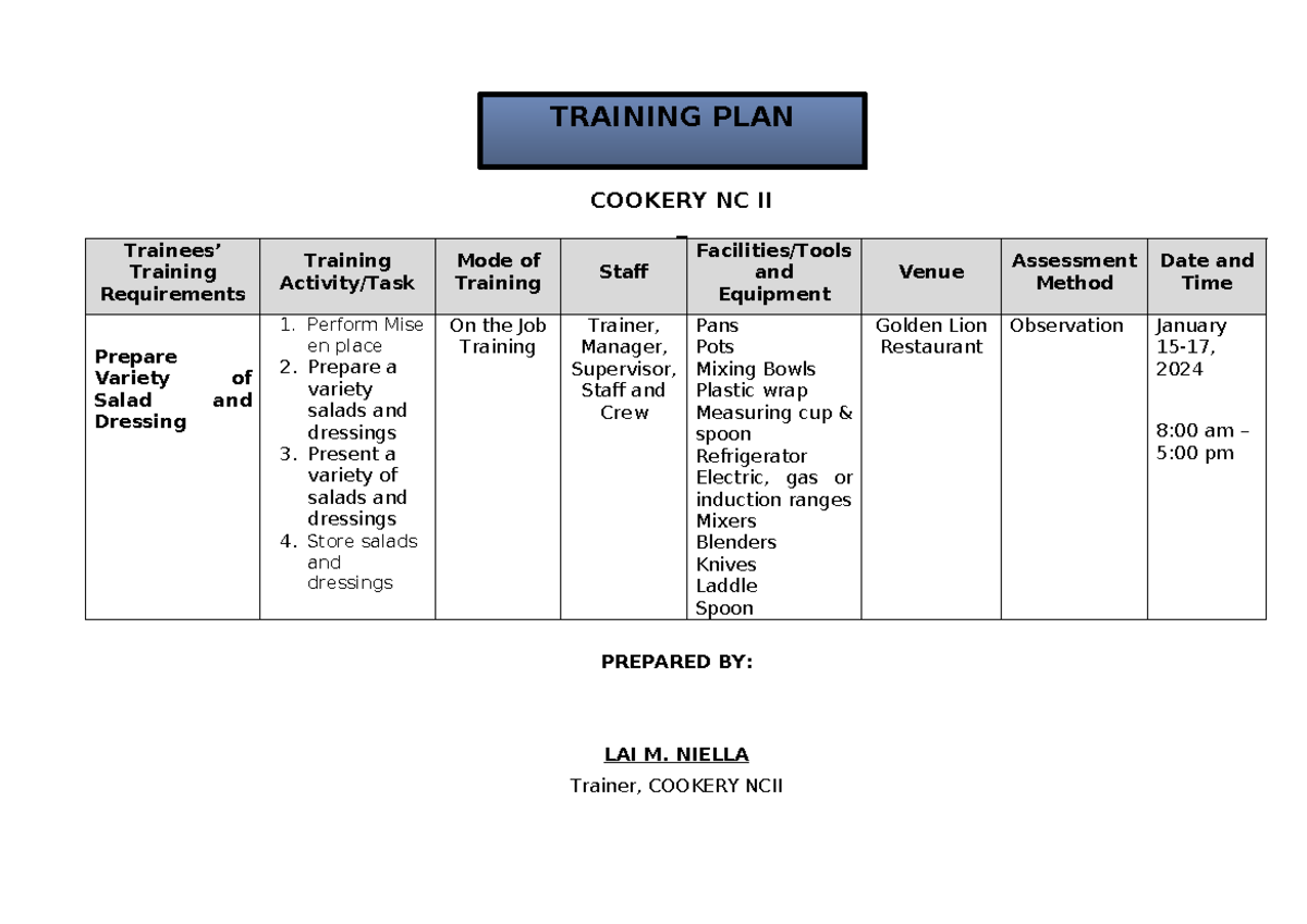 COOKERY NC II Training Plan: Salad & Dressing Preparation - Studocu