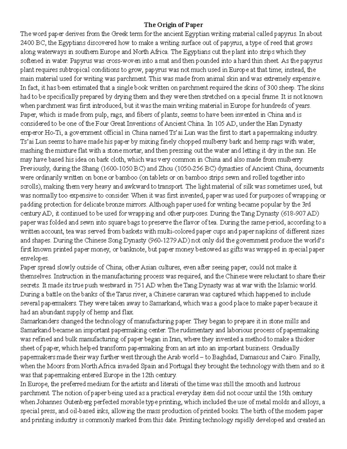 Actual TEST: The Origin of Paper (P1) - Historical Insights and ...