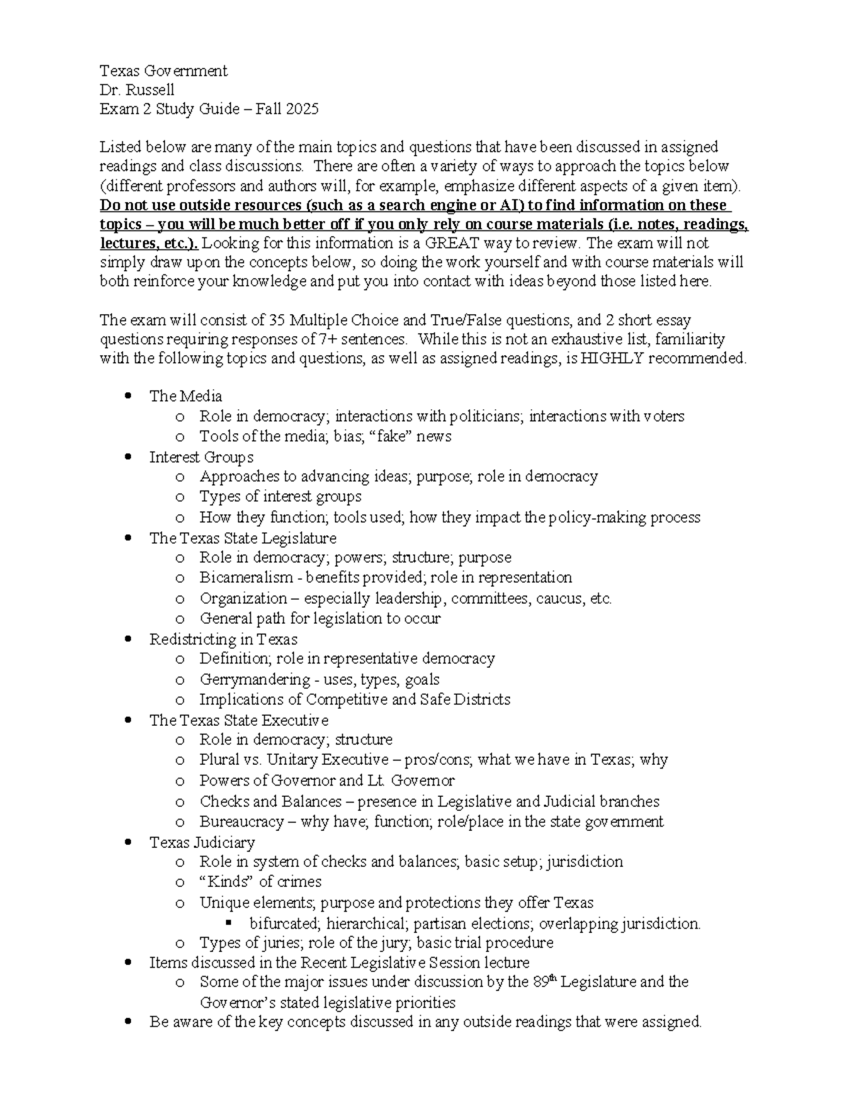 Texas Government Exam 2 Study Guide (Dr. Russell, Fall 2025) - Studocu