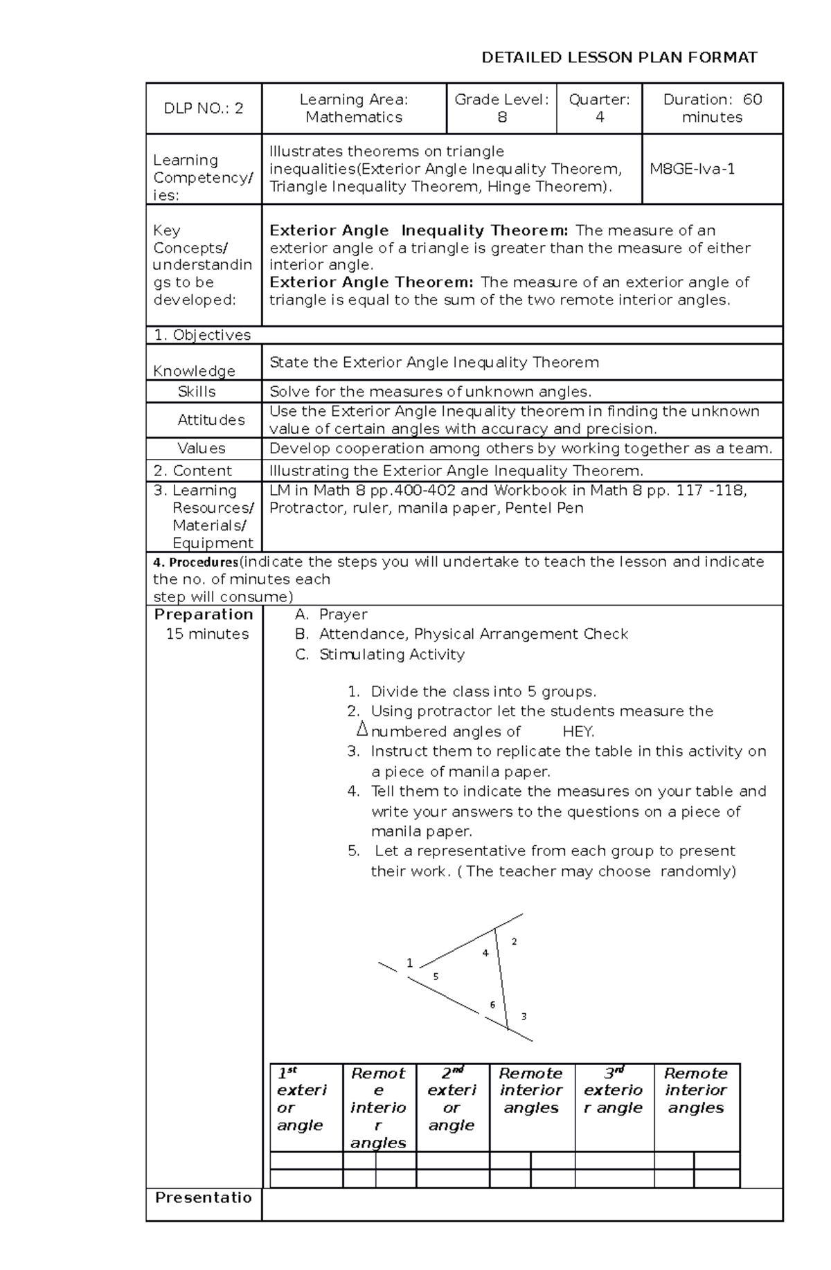 Dlp2 math8q4 - DLP MAPEH 8 - 1 2 3 5 4 6 DETAILED LESSON PLAN FORMAT ...