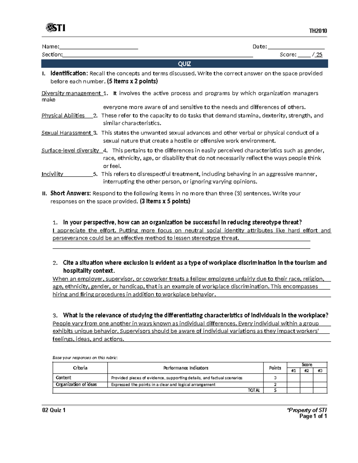 02 Quiz 1 (16) - MultiCultural Concepts and Diversity Management - Studocu