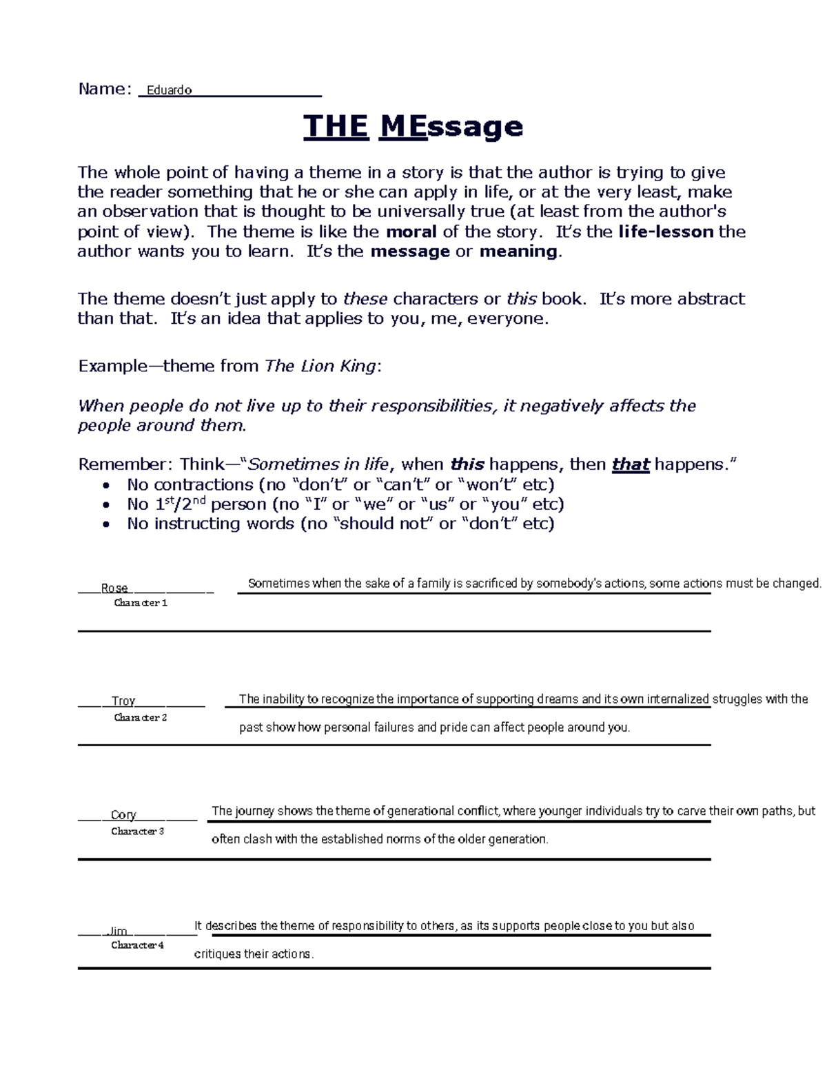 THE Message Theme Worksheet - Analyzing Story Elements - Studocu