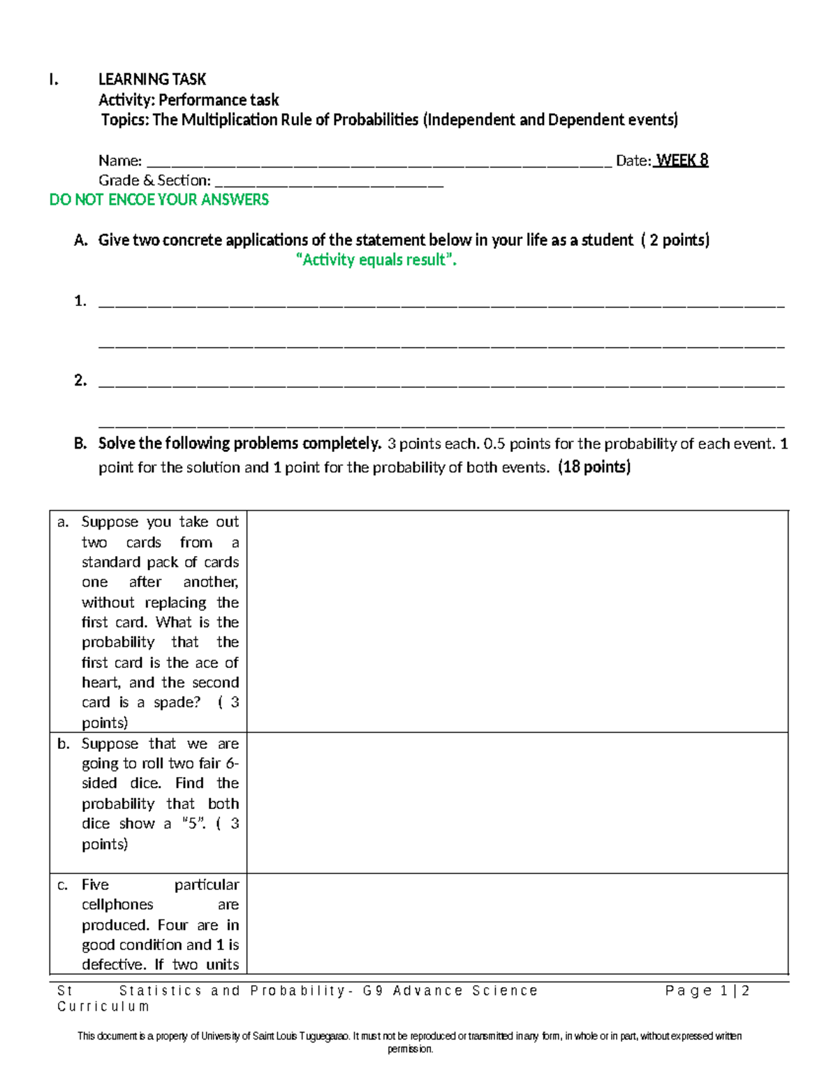 WEEK 8 Grade 9 Advance Science Statistics Learning TASK - I. LEARNING ...