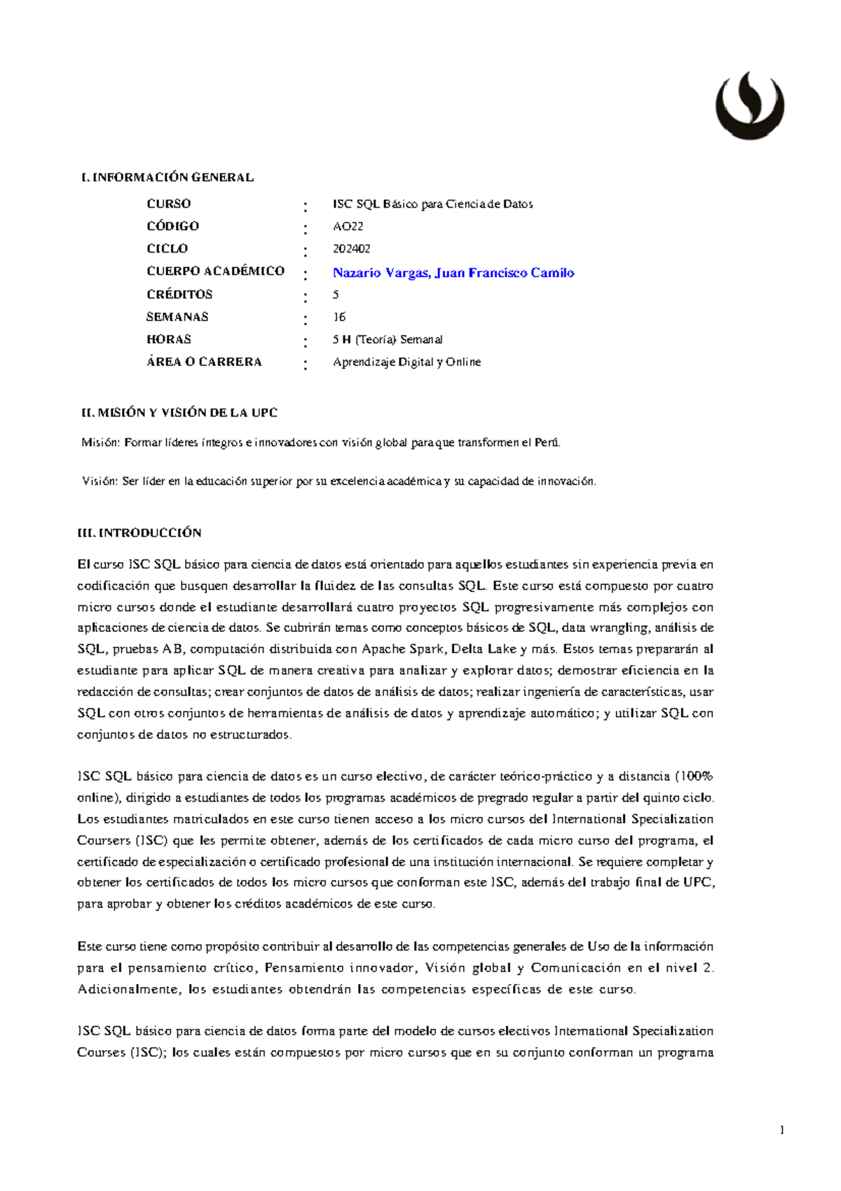 Sílabo ISC SQL Básico para Ciencia de Datos - Ciclo 202402 - Studocu