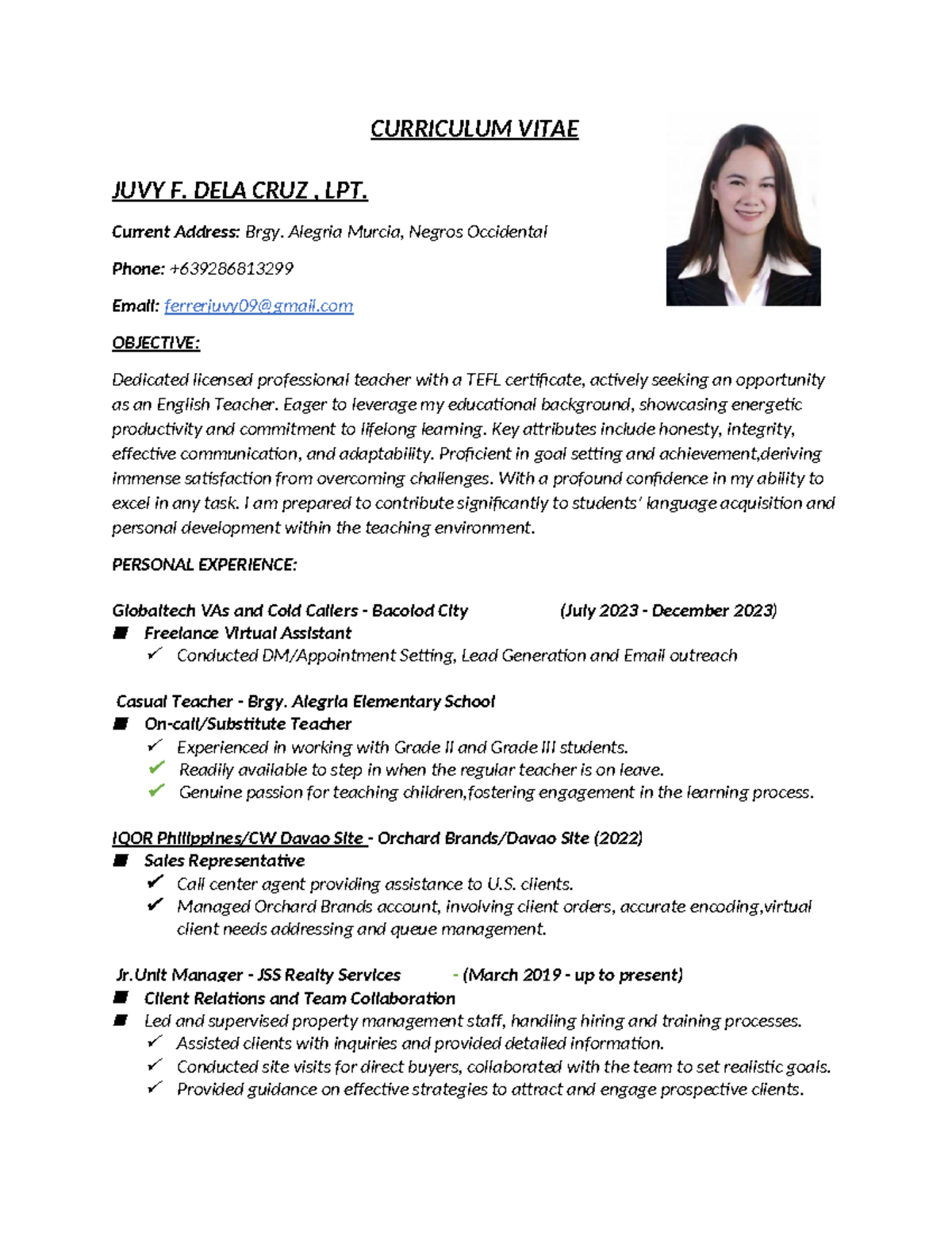 English Teacher Resume - Juvy F. Dela Cruz, LPT - Studocu