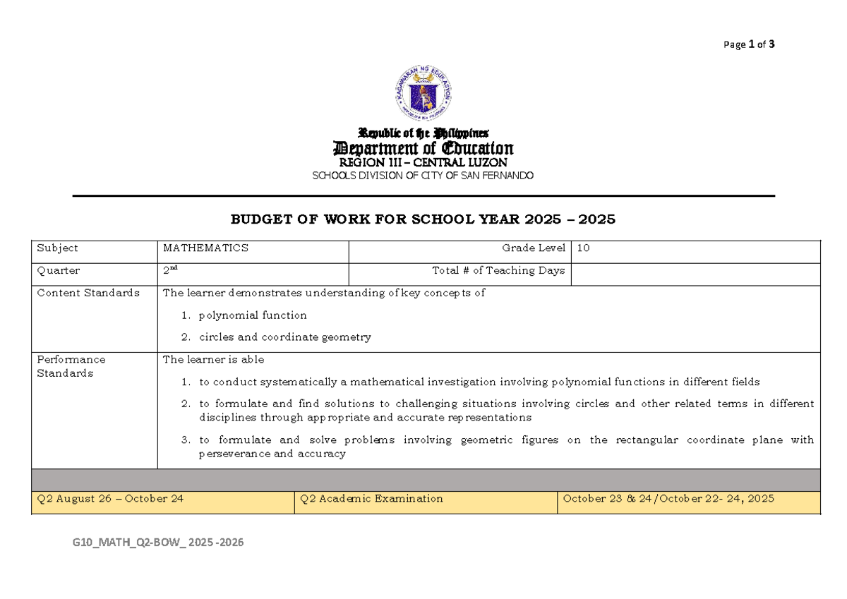 G10 Math Q2 Budget of Work 2025-2026: Polynomial Functions & Circles ...