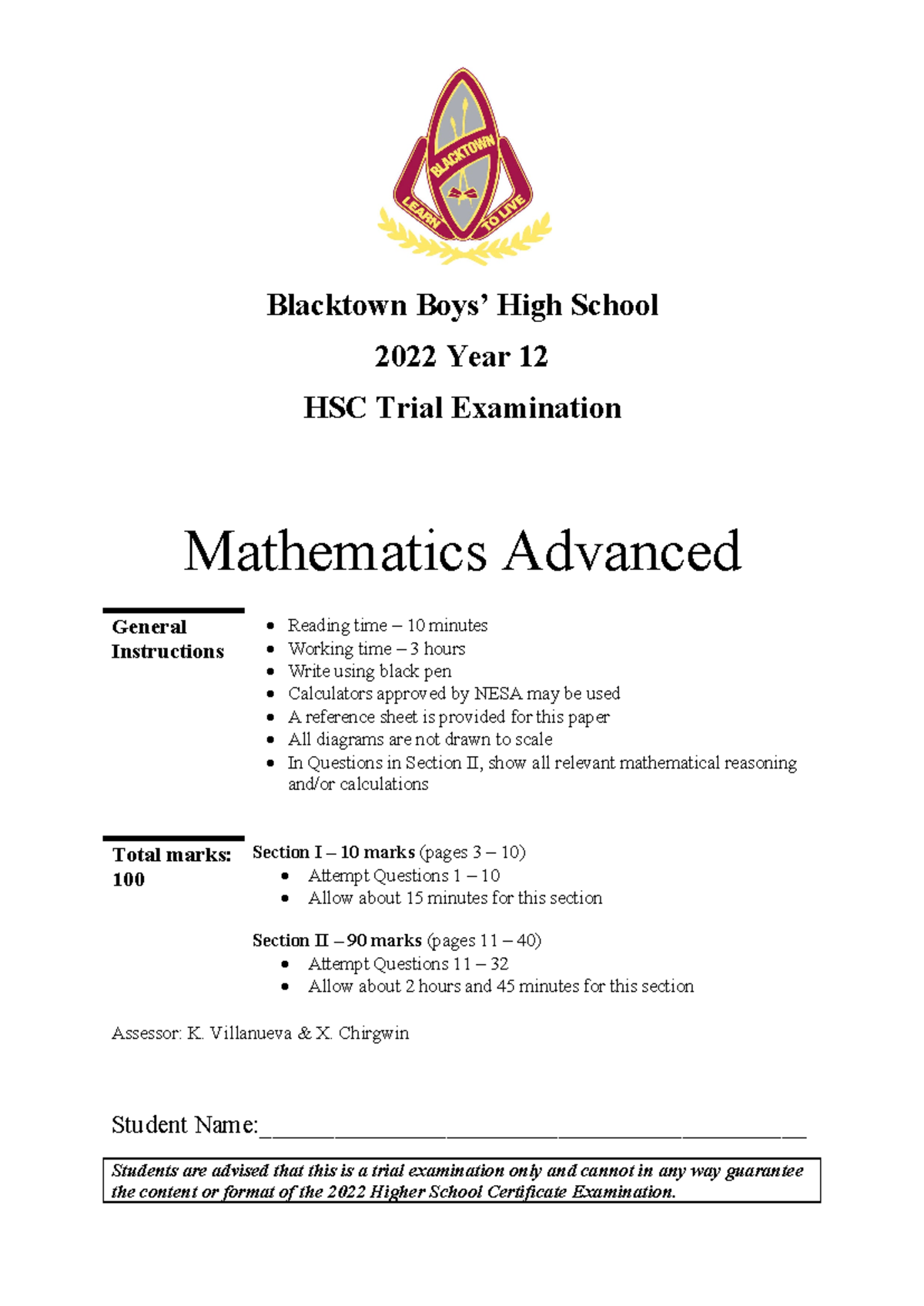 Blacktown Boys 2022 HSC Math Adv Trial Exam Solutions - Studocu