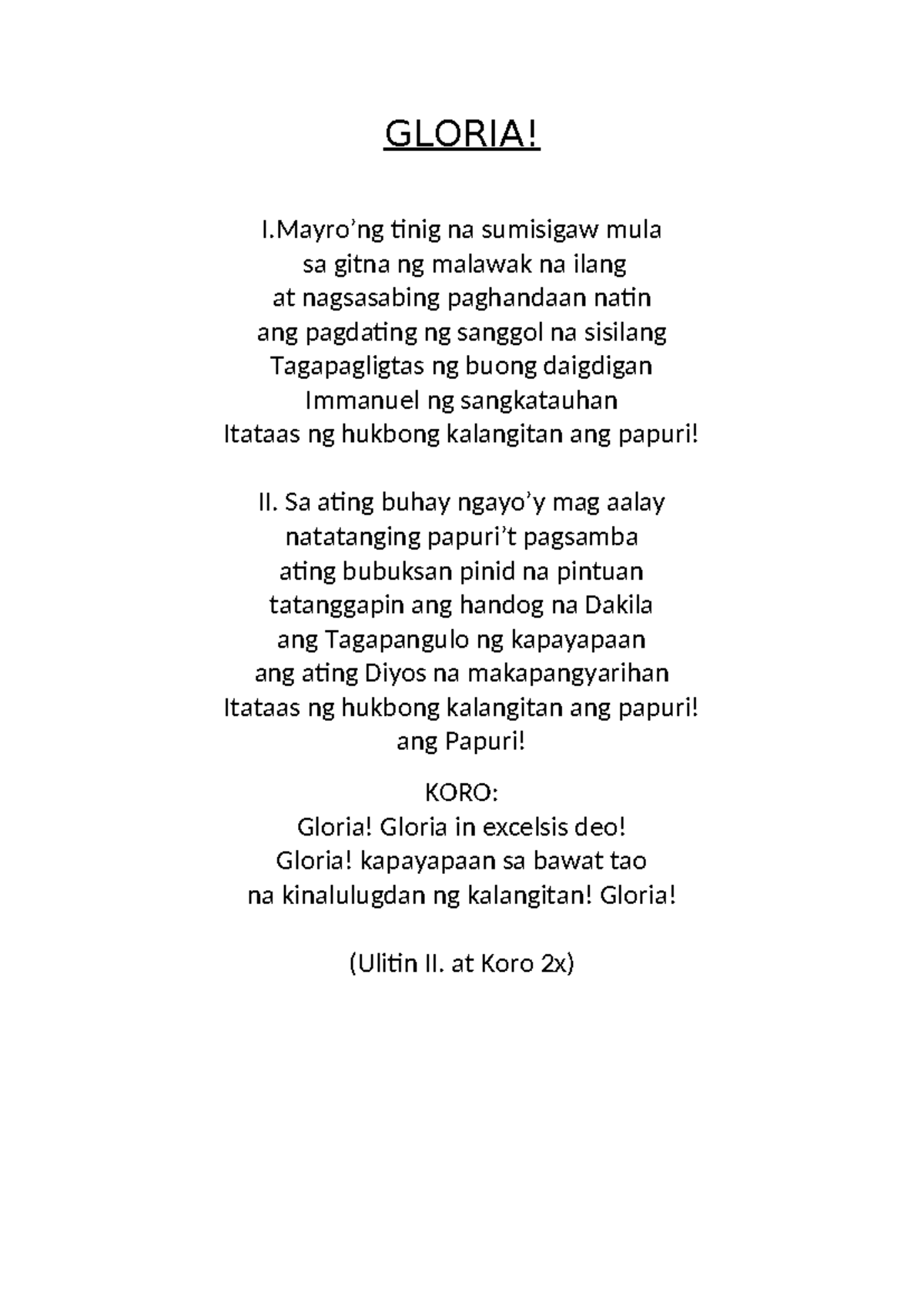 Gloria - song lyrics - GLORIA! I’ng tinig na sumisigaw mula sa gitna ng ...