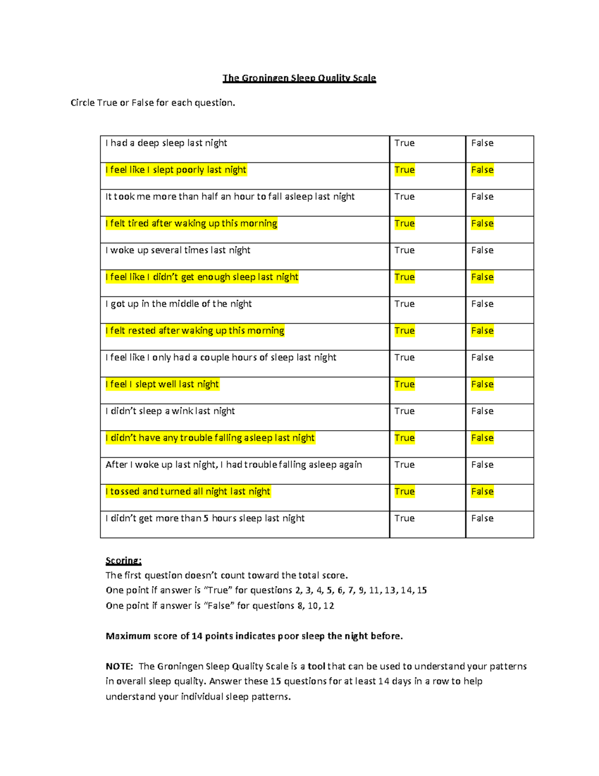 The Groningen Sleep Quality Scale: True/False Questionnaire - Studocu