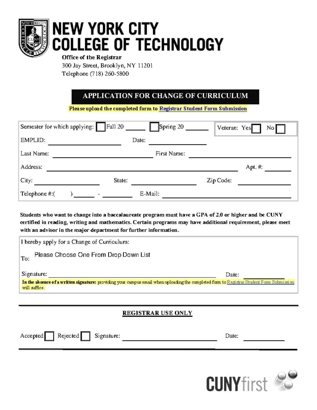Change of Curriculum Application - Fall 20 - CUNY Form - Studocu